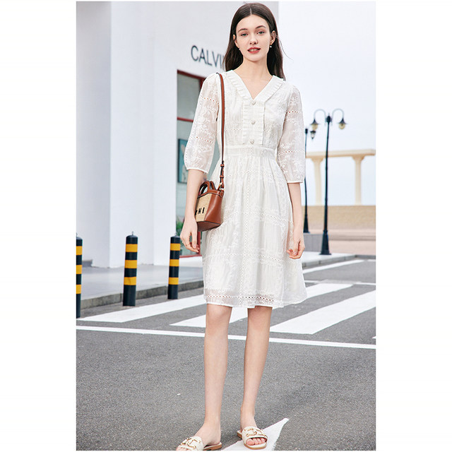 betu Baitu white embroidered V-neck dress for women 2025 summer new ...
