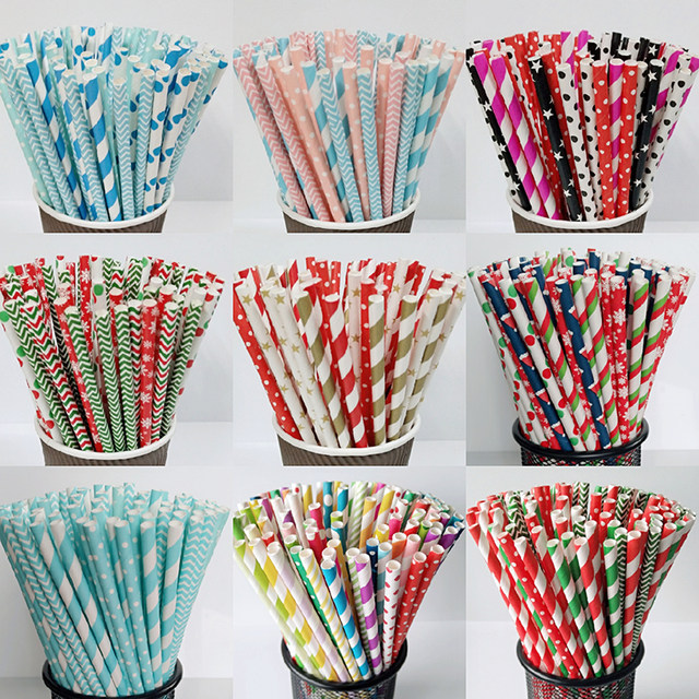 100 colored disposable paper straws, bar store dessert desk decoration ...