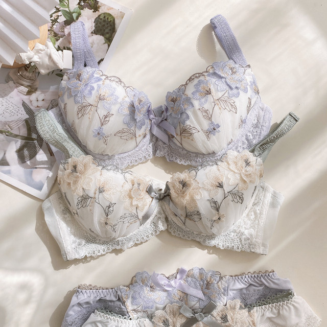 Foreign Trade Japanese sweet thin embroidered flower bra set disc 2 ...