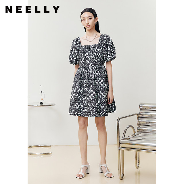 NEELLY Nali's elegant printed square collar dress for women's puff ...