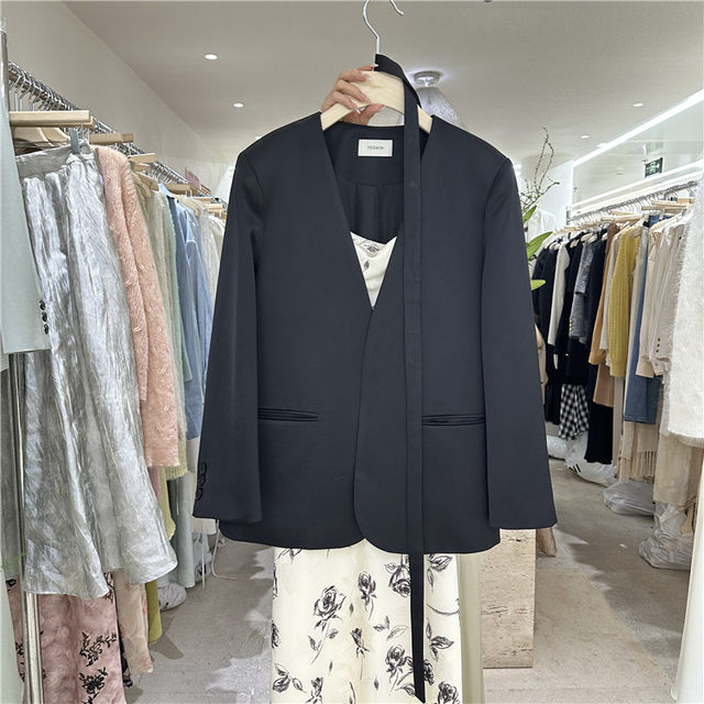 Korean high-end temperament solid color V-neck streamer suit jacket for ...