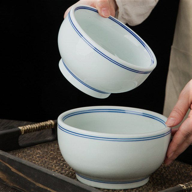 Double line Jingdezhen blue edge rice bowl high foot thickened beef ...