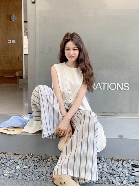 High-end slack sleeveless top set for women's summer 2025 new vest layered striped wide-leg ...