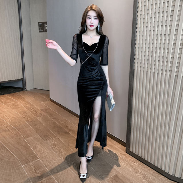 Sexy temperament velvet long skirt nightclub women's clothing and ...