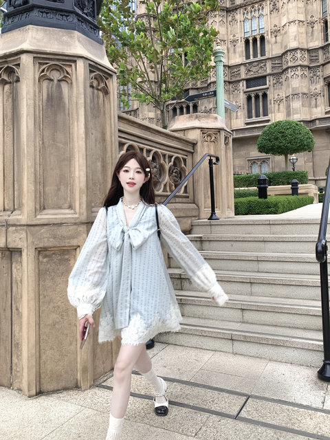 Baili Blue Love Letter Blue Slack Girl Striped Bow Sweet Lace-Wrinkled ...