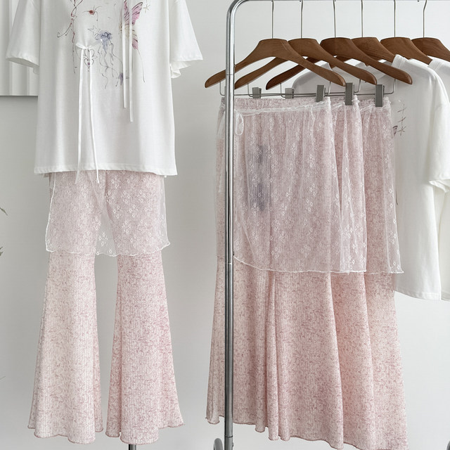 French sweet simple lace spliced wide-leg pants 2025 spring pink high ...