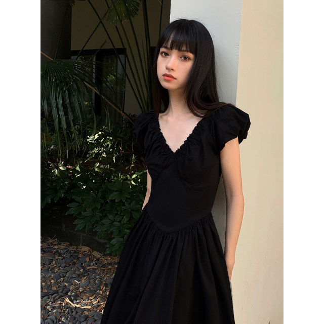 NEVA HU black V-neck high-end dress with waist slimming and women's ...