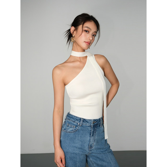 NEVA HU Black slanted shoulder knitted vest for women in summer, slim ...