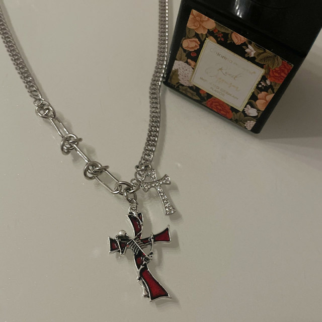 Ukechun red double cross -rack necklace female niche design ins hip ...
