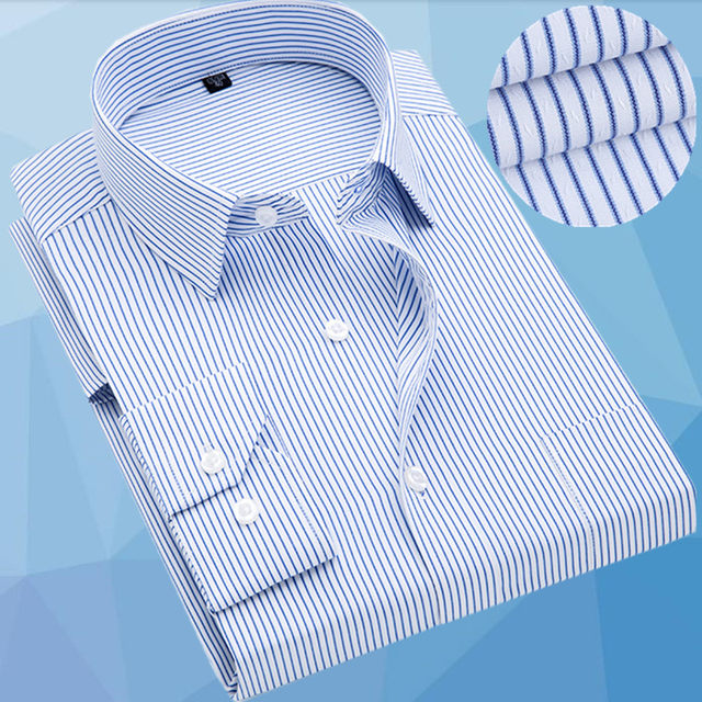 Spring men's long-sleeved shirt blue and white striped business formal ...