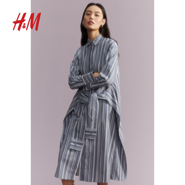 HM women's dress autumn casual fashion striped lace-up shirt style mid ...