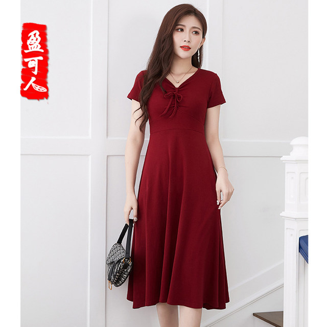 Yingke people big size V -neck tie bow fashion thin A -line skirt Modal ...