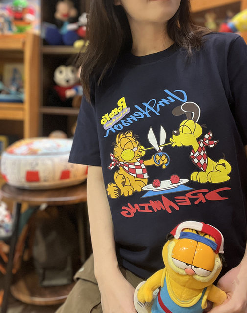 American retro vintage cute Garfield pure cotton 265g heavy round neck couple T-shirt