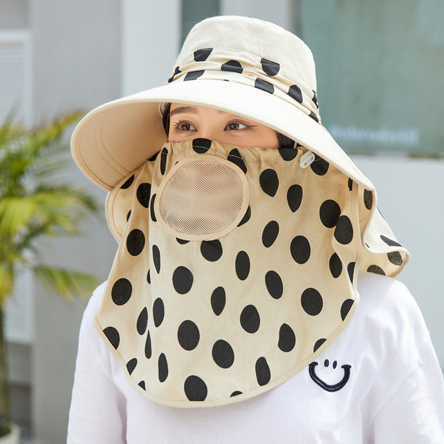 Hat girl in summer large sun hats outdoor sunscreen mask covered face ...