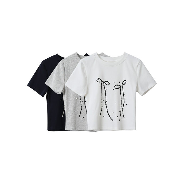 Bow printed beaded short-sleeved T-shirt for women 2025 summer new small slim top 9800 strong ...