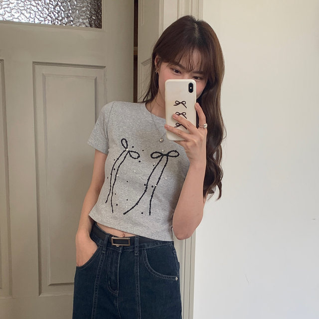 Bow printed beaded short-sleeved T-shirt for women 2025 summer new small slim top 9800 strong ...
