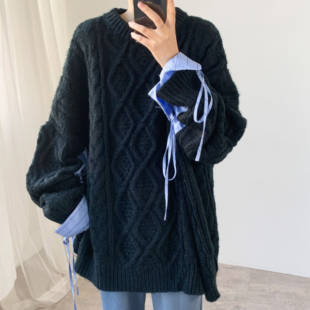 Hong Kong style drawstring striped shirt piled sleeves patchwork twist ...