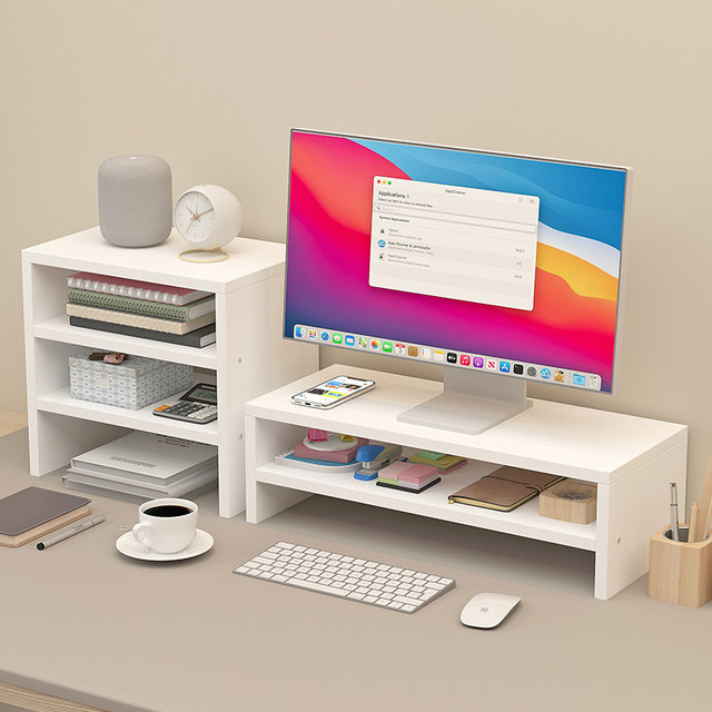 Computer monitor screen elevated shelf raised base desktop keyboard ...