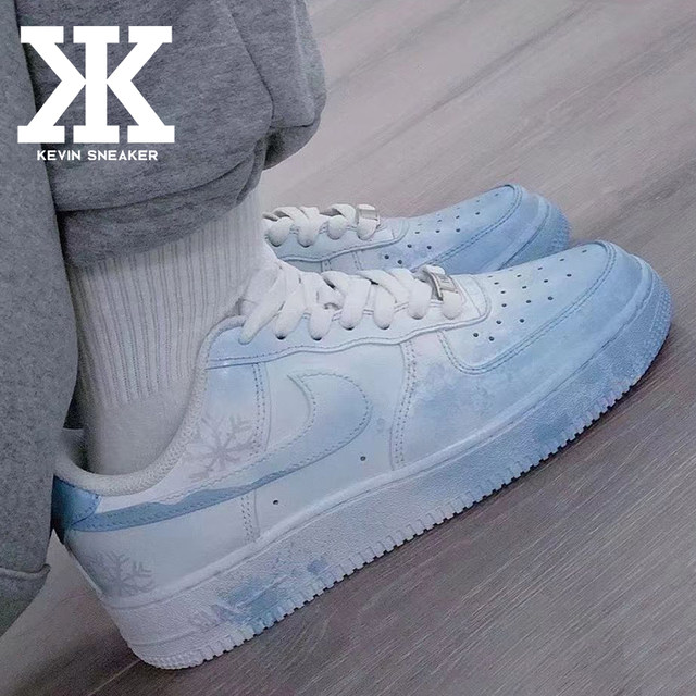 Nike AirForce1Low'07 snowflake gradient blue lovers hand-painted spray ...