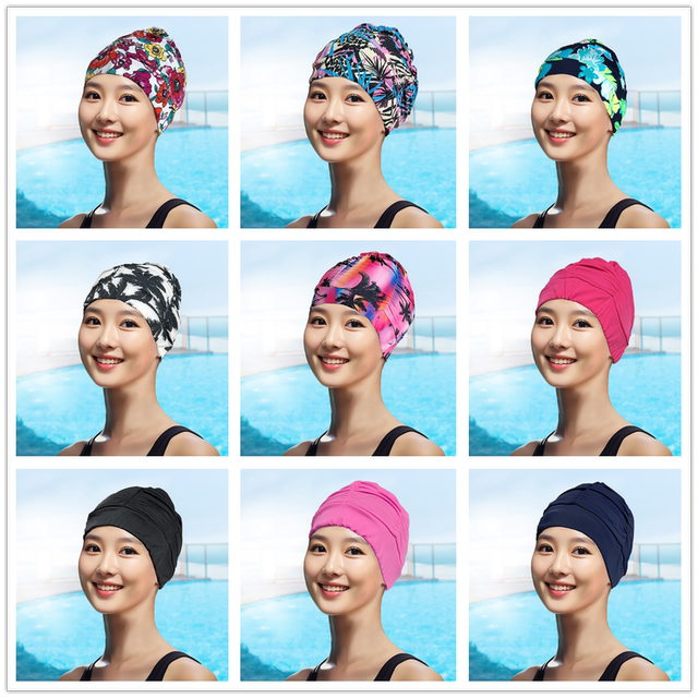 Women's pleated cloth swimming hat solid colorless color Bobe head ...