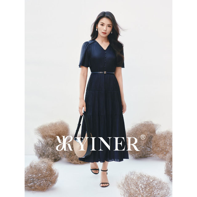 YINER 2025 summer new thin skin-friendly island silk satin lotus leaf sleeve dress