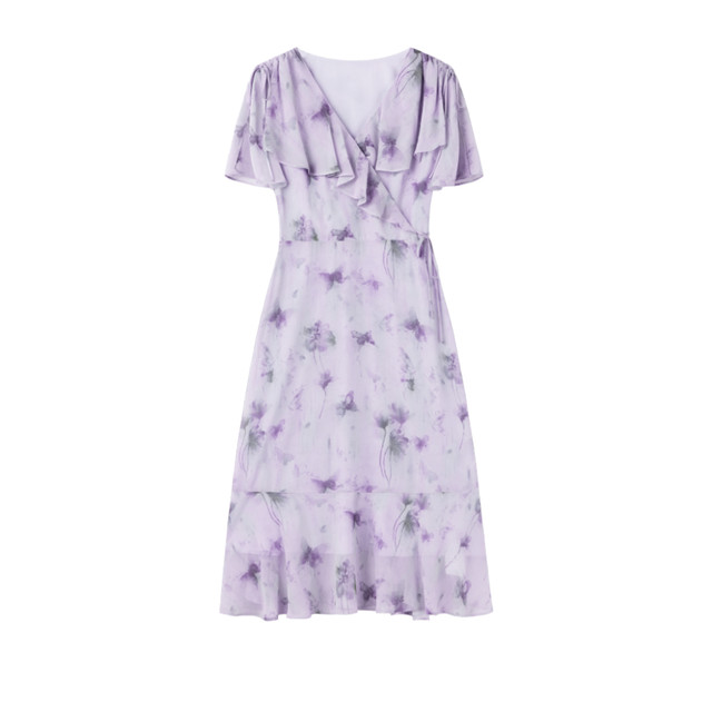 Qiushui Yiren V-neck Printed Dress for women 2025 summer new purple ...