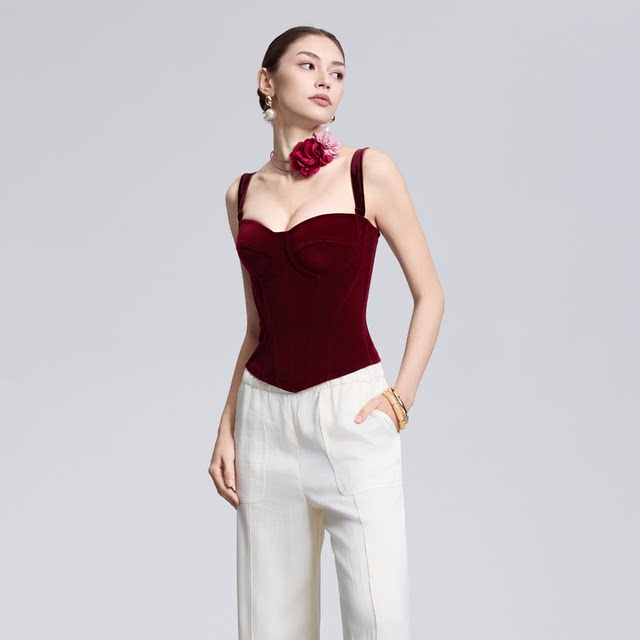 CORSELET deep jujube red Ni Ni blue velvet French fish bone corset ...