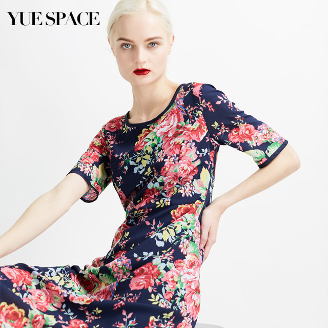 Yue Space Slim Retro Printed Dress Women's Short Sleeve Extra Long Over ...