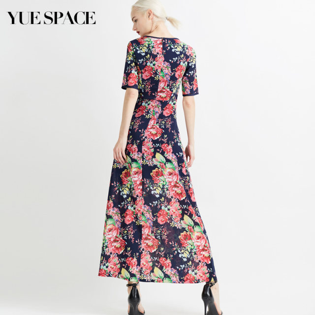 Yue Space Slim Retro Printed Dress Women's Short Sleeve Extra Long Over ...