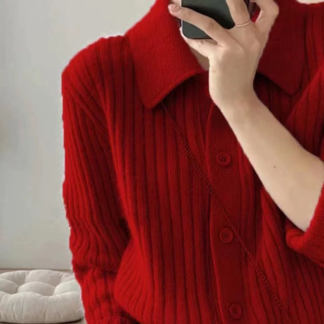 POLO collar 100% pure wool cardigan for women's pit strip thick sweater ...