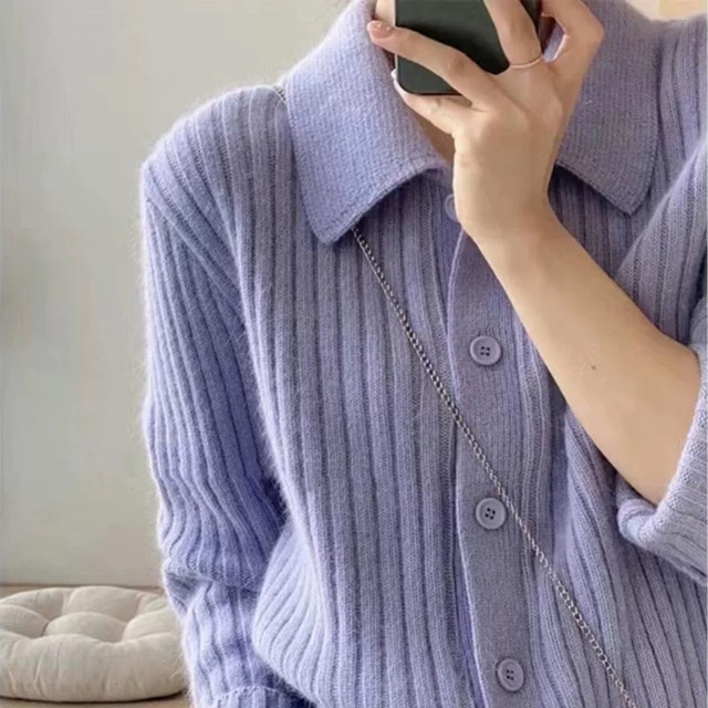 POLO collar 100% pure wool cardigan for women's pit strip thick sweater ...