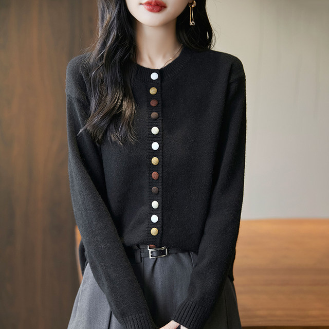 2024 Autumn Worsted Wool Cardigan Women's Round Neck Color Button Color ...