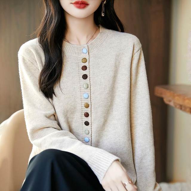 2024 Autumn Worsted Wool Cardigan Women's Round Neck Color Button Color ...