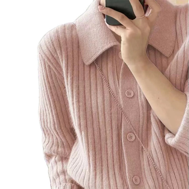 POLO collar 100% pure wool cardigan for women's pit strip thick sweater ...
