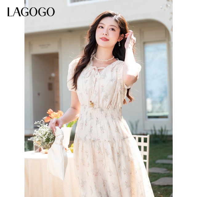 LAGOGO fairy V-neck floral dress for women La Valley 2025 summer new style slim princess skirt