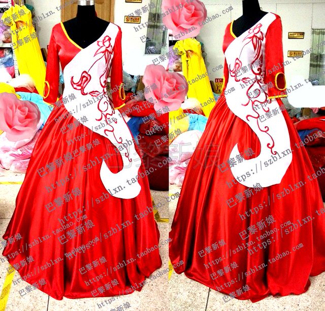 Big red embroidered V-neck 7-point sleeve chorus dress Performance team ...