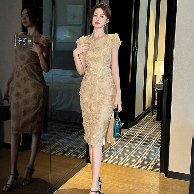 Rose flower high-end waistless celebrity dress women's summer knee ...