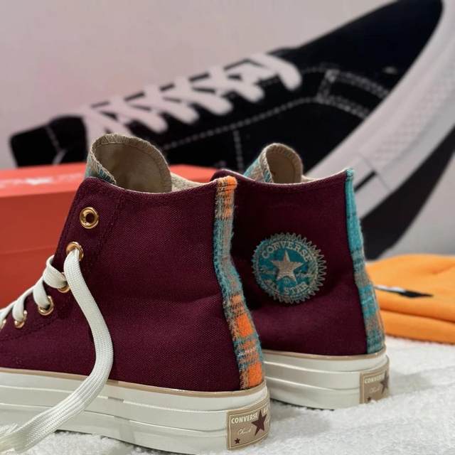 Authentic CONVERSE 1970s wool plaid splicing burgundy men's and women's ...