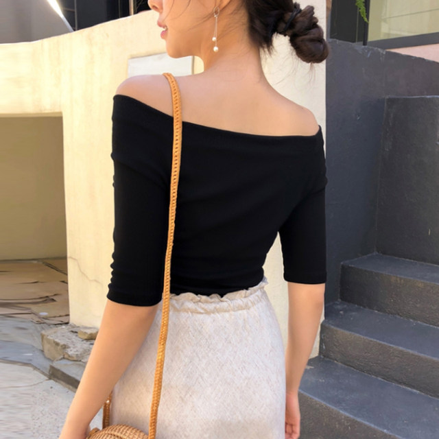 One word collar sexy collarbone medium sleeve T -shirt female slimming ...