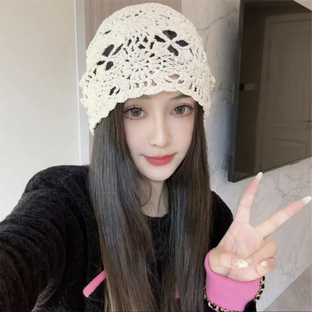 Early autumn thin handmade sunflower pile hat with hollow crocheted ...