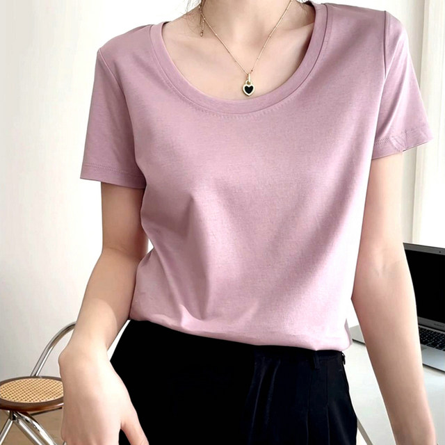 U-neck mercerated cotton T-shirt short-sleeved women's minimalist style ...