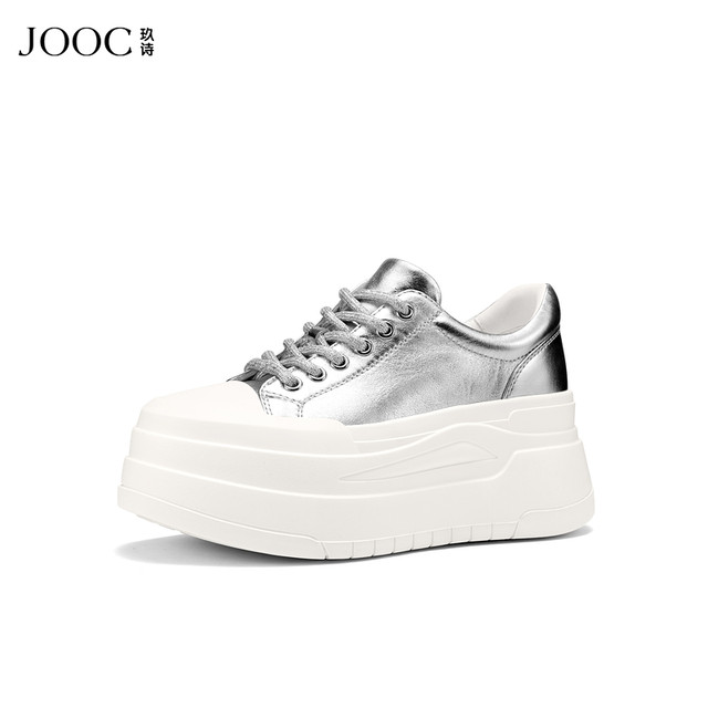 JOOC silver sneakers women's 2025 early spring new lace-up cowhide ...