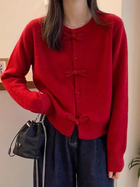 European worsted wool new Chinese style 2025 autumn new red cardigan ...