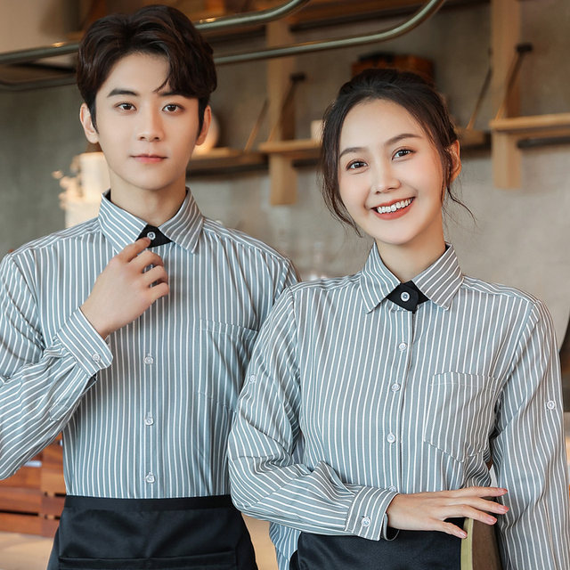 Autumn catering waiter shirt striped female long -sleeved slim slim ...