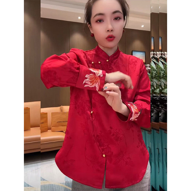 New Chinese style red New Year temperament embroidered shirt for women ...