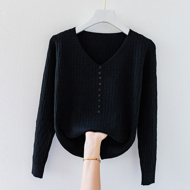 Large -size women's retro slots V -neck sweater, women's inner autumn ...