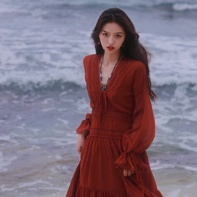 Azure French retro deep V banner dress, waist lace lace long skirt long ...