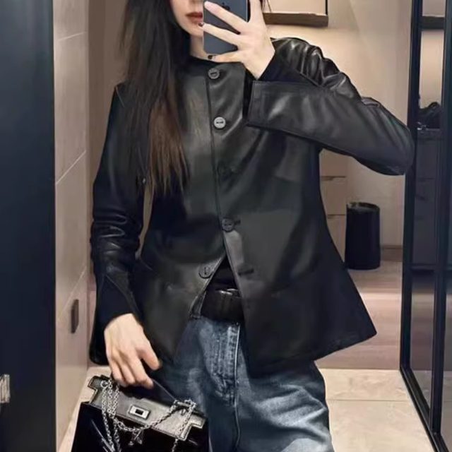 Sheepskin jacket slimming single-breasted long-sleeved European station ...