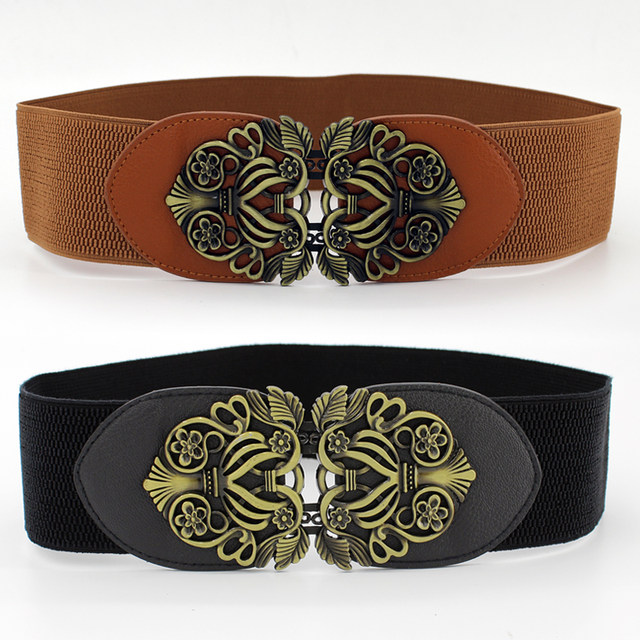 Women's elastic belt retro palace carved decorative girdle skirt belt ...