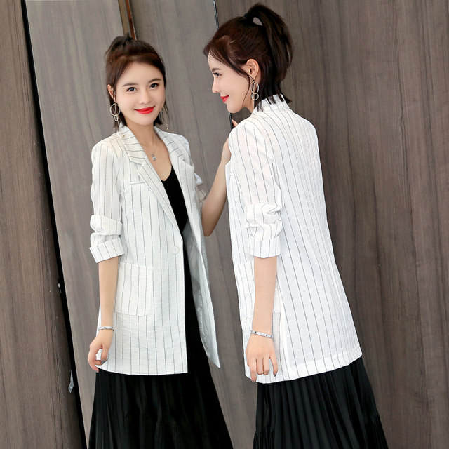 Chic striped seven -point sleeve small suits outer sleeve women medium ...